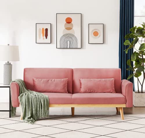 AWQM Velvet Futon Sofa Bed, Memory Foam Couch Set, Upholstered Modern Daybed Convertible Folding Loveseat Recliner with Pillows and Wooden Frame for Compact Living Room, Apartment, Dorm, Office (Pink)