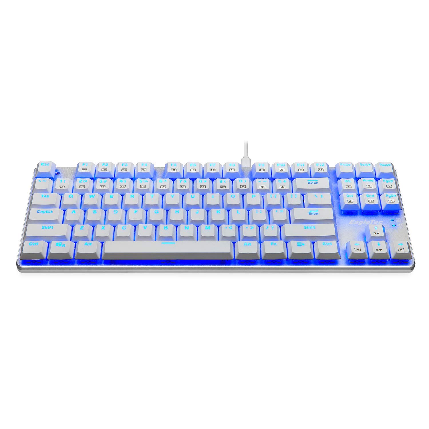 EagleTec KG061-BR BLUE LED Backlit Mechanical Gaming Keyboard Low Profile Mechanical Gamers Keyboard 87 Key Mechanical Computer USB Gaming Keyboard for PC (WHITE VERSION)