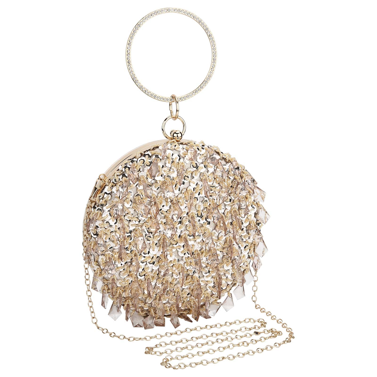 Tanpell Womens Evening Bag Round Beaded Clutch Handbag Sequins Bridal Wedding Purse for Cocktail Party (Gold)