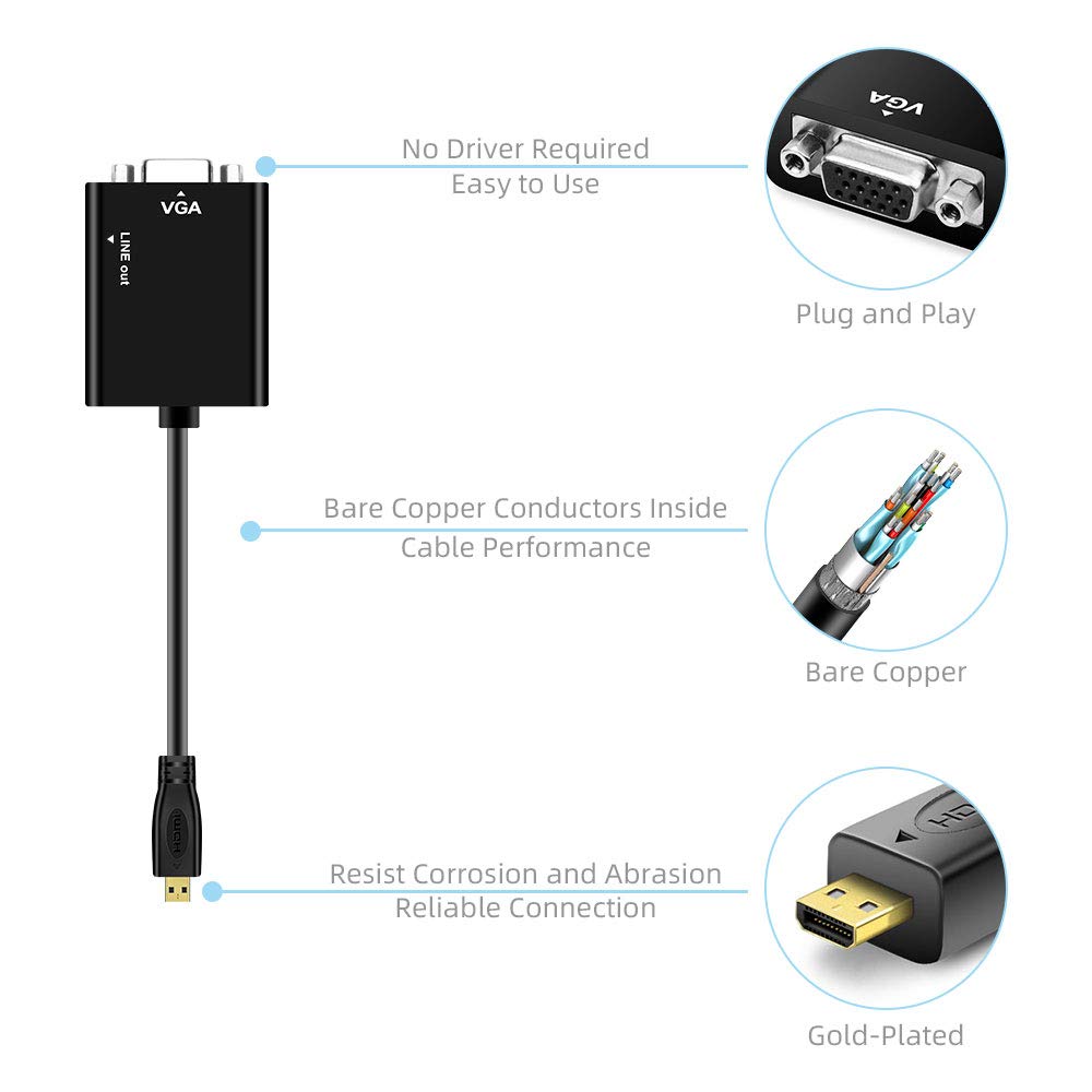 Unkonwn Micro HDMI to VGA Micro HDMI to VGA Converter with 3.5 mm Audio Jack, Compatible with Laptop