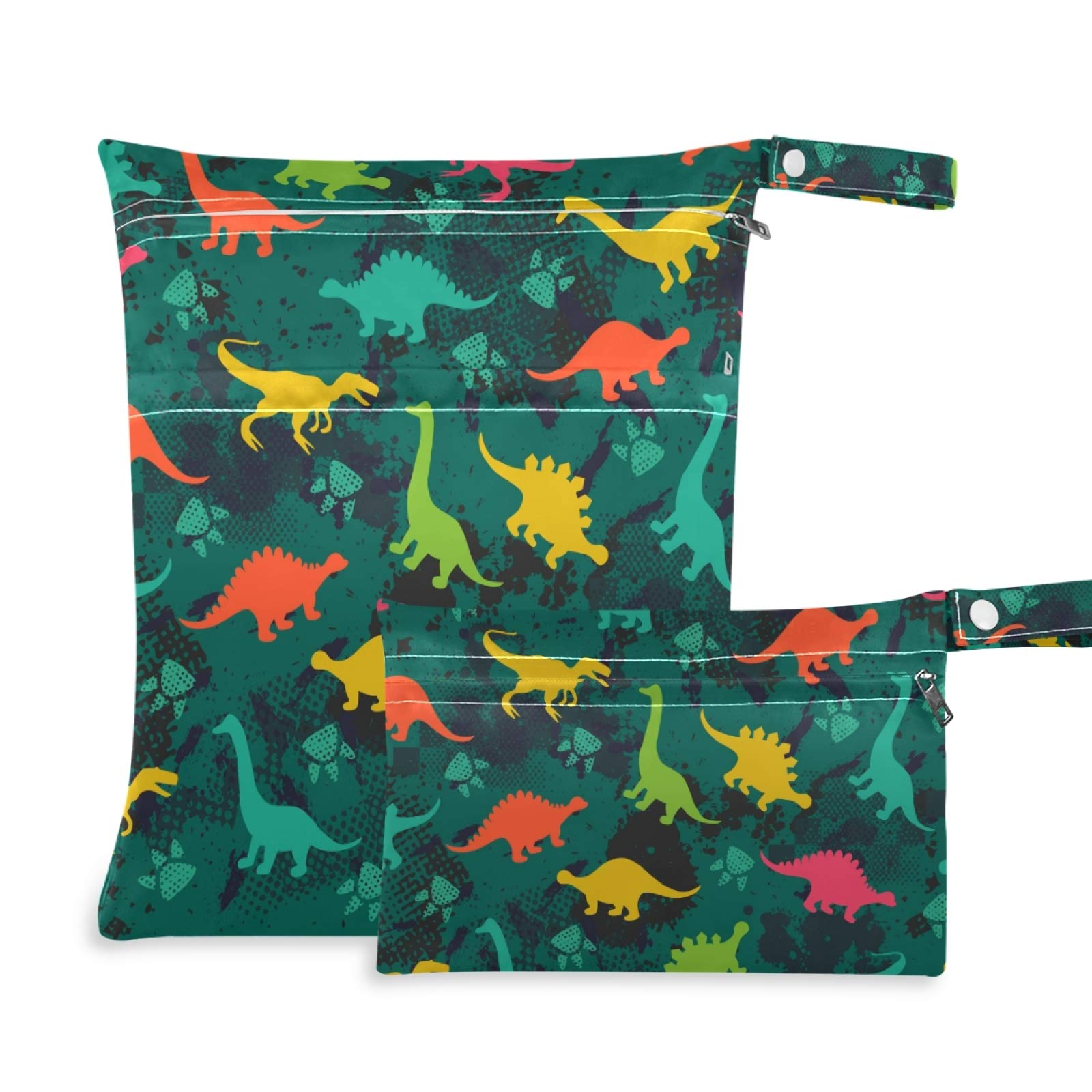 Qilmy 2pcs Dinosaur Wet Dry Bag Waterproof Reusable Baby Cloth Diaper Wet Dry Organizer for Travel, Beach, Stroller, Diapers, Wet Swimsuits, Toiletries