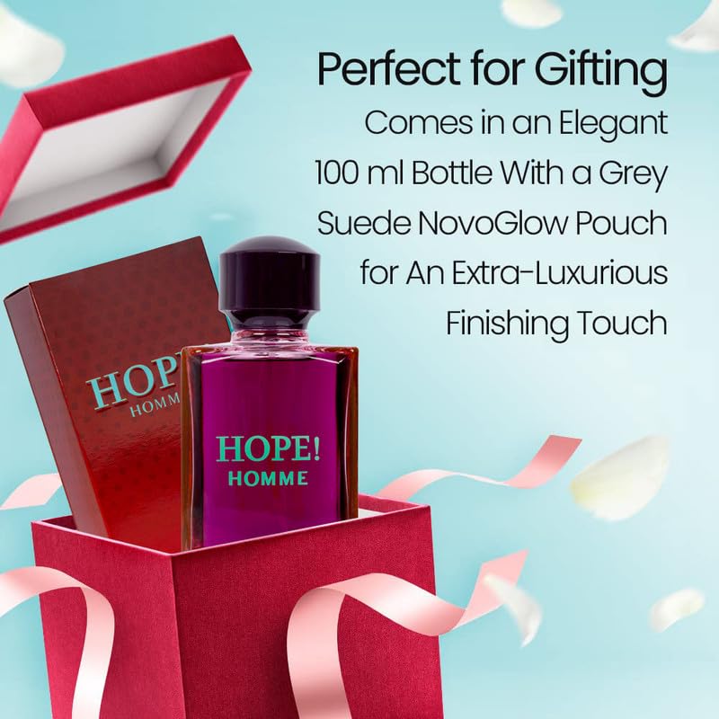 NovoGlow Hope Homme for Men - 100ml Eau De Parfum Spray for Men - Spicy Floral & Intense Fragrance Warm Scent Lasts All Day Long Includes Carrying Pouch Gift for Men for All Occasions