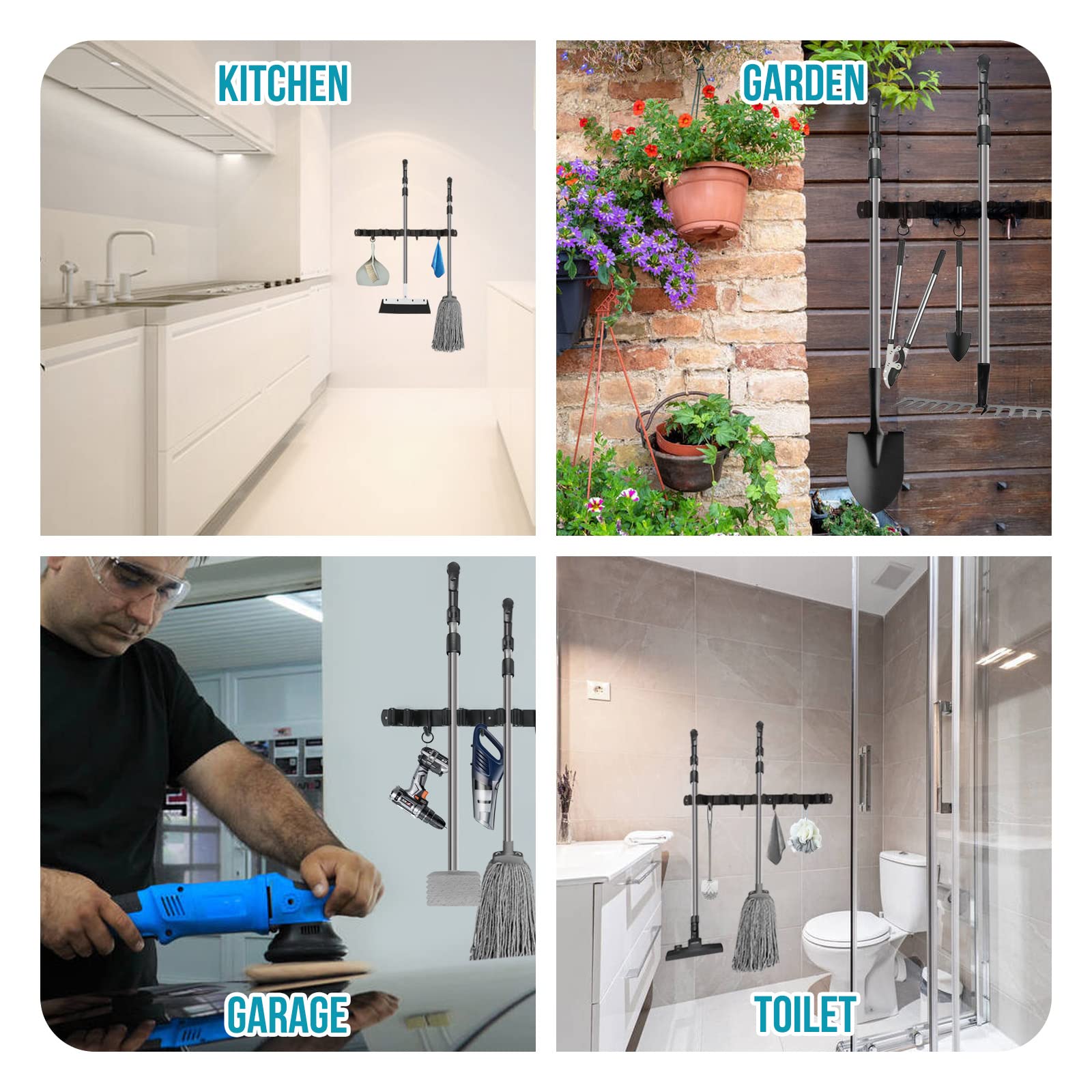 COOKCUTE Broom Holder Wall Mount, 5 Slots 4 Hooks Black Stainless Steel Broom Organizer Wall Mount Mop and Broom Holder Wall Mounted Heavy Duty, Broom Hanger Self Adhesive, Mop Holder Garage Shelving