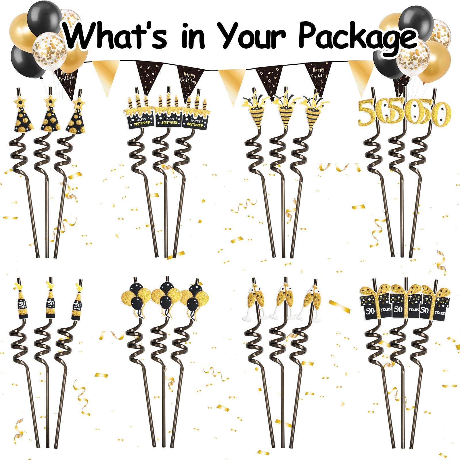 24 PCS 50th Birthday Straw Decor Party Decorations Plastic Reusable Glitter Straws for 50th Birthday Party Decor Cut-Out Number 50 Party Decorative Supplies for Women Men with 2 Brush