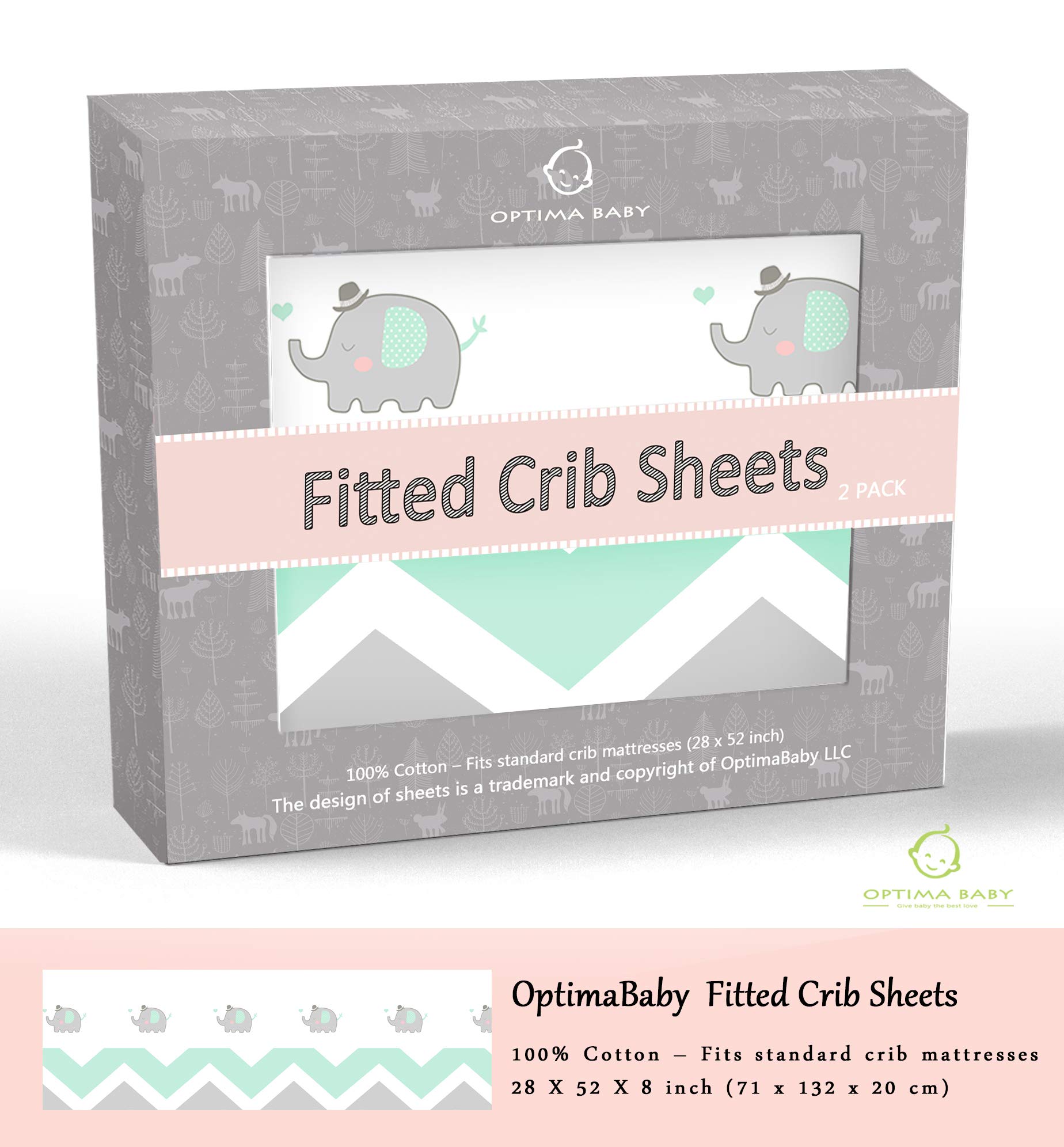 OptimaBaby Elephant Chevron Fitted Crib Sheets, Green, 2 Count
