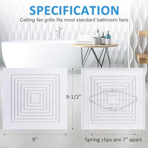 97011723 Bathroom Ceiling Fan Grille with Springs Replacement Parts for Square Ceiling or Wall-Mount Exhaust Fan Fits Models 663,670,671,675,688,689 Ventilation Fan - Plastic Cover White