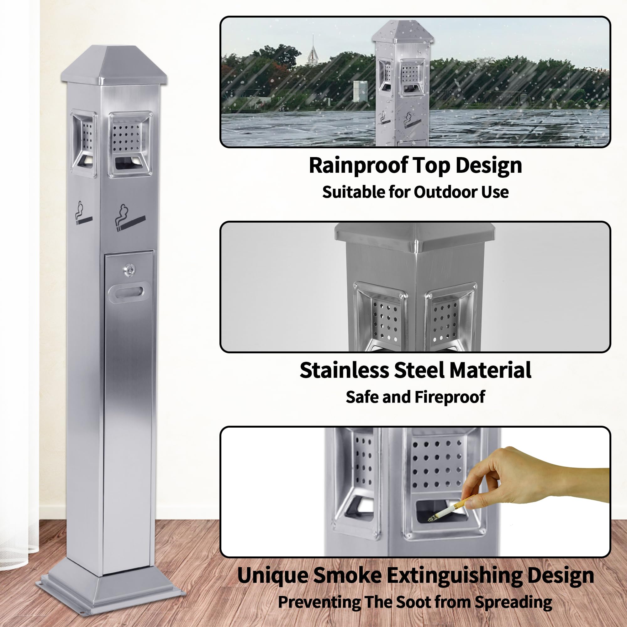 lukar Commercial Trash Receptacles Metal Trash Container Heavy Duty Trash Disposal Outdoor Vertical Trash Can for Patios Gardens Hotels Pubs Offices(Silver)