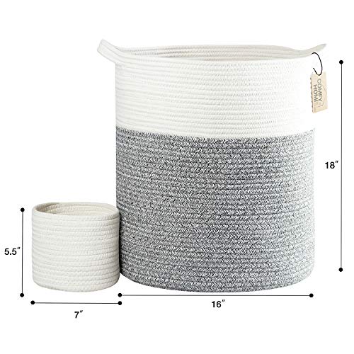 Blanket Baskets 18''x16''Cotton Rope Laundry Hamper Baby Nursery Storage Organizer Bundle with 13.5"x11"x 9.5"square woven Rope Basket for Shelves Toys, Nursey Cube Bin, Decorative Storage Organizer