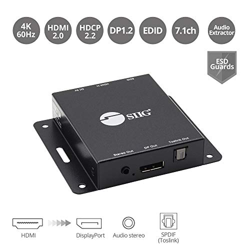 SIIG HDMI to DisplayPort Converter Adapter, One-Way HDMI 2.0 Source to DP 1.2 Display,4K60 & 1080p144Hz,HDCP 2.2,EDID,Audio Extract to Toslink/3.5mm,TAA Compliant,ESD Protection CE-H26A11-S1