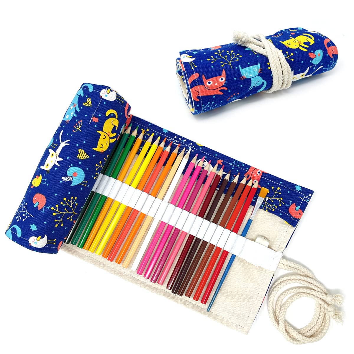 allydrew Pencil Roll Organizer, Colored Pencil Wrap Pouch (72 slots), Cats & Birds