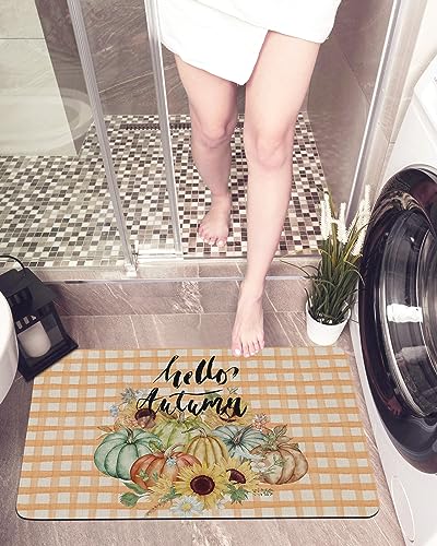 Bathroom Floor Shower Mat, Non-Slip Small Rugs - Easy to Clean, Hello Autumn Thanksgiving Pumpkin Sunflower Daisy Pattern Durable Bath Rug 20"x32" Washable Quick Dry Mats for Bathtubs