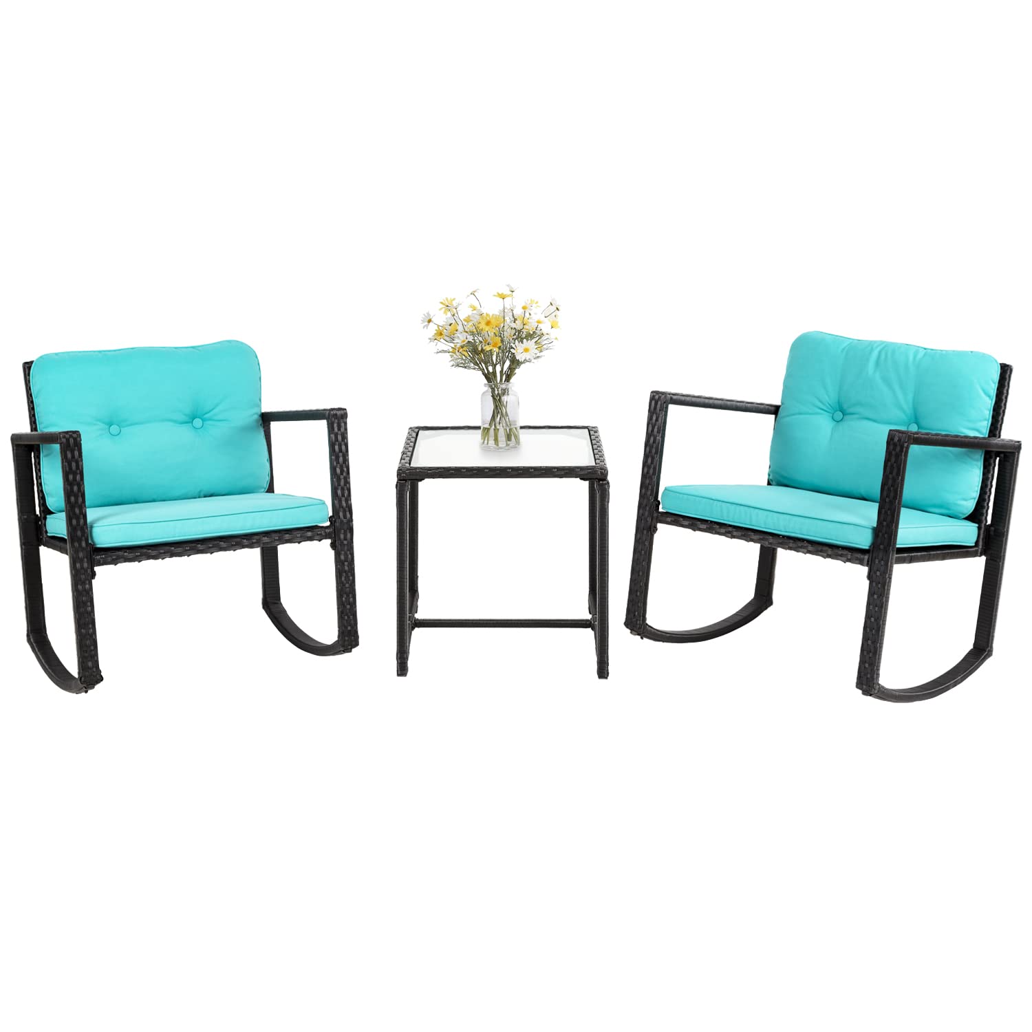 PayLessHere Outdoor Conversation Sets Rattan Furniture Wicker Rocking Chairs with Blue Cushions and Glass Coffee Table for Balcony Poolside Garden Patio Porch Backyard