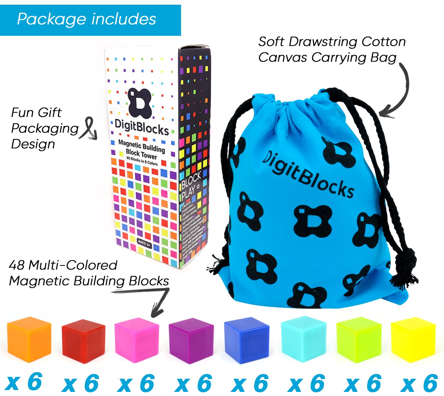 BrainSpark Digit Blocks 48 Pieces Black White and Grey Magnetic Cubes Building Set, Magnetic Blocks for Kids