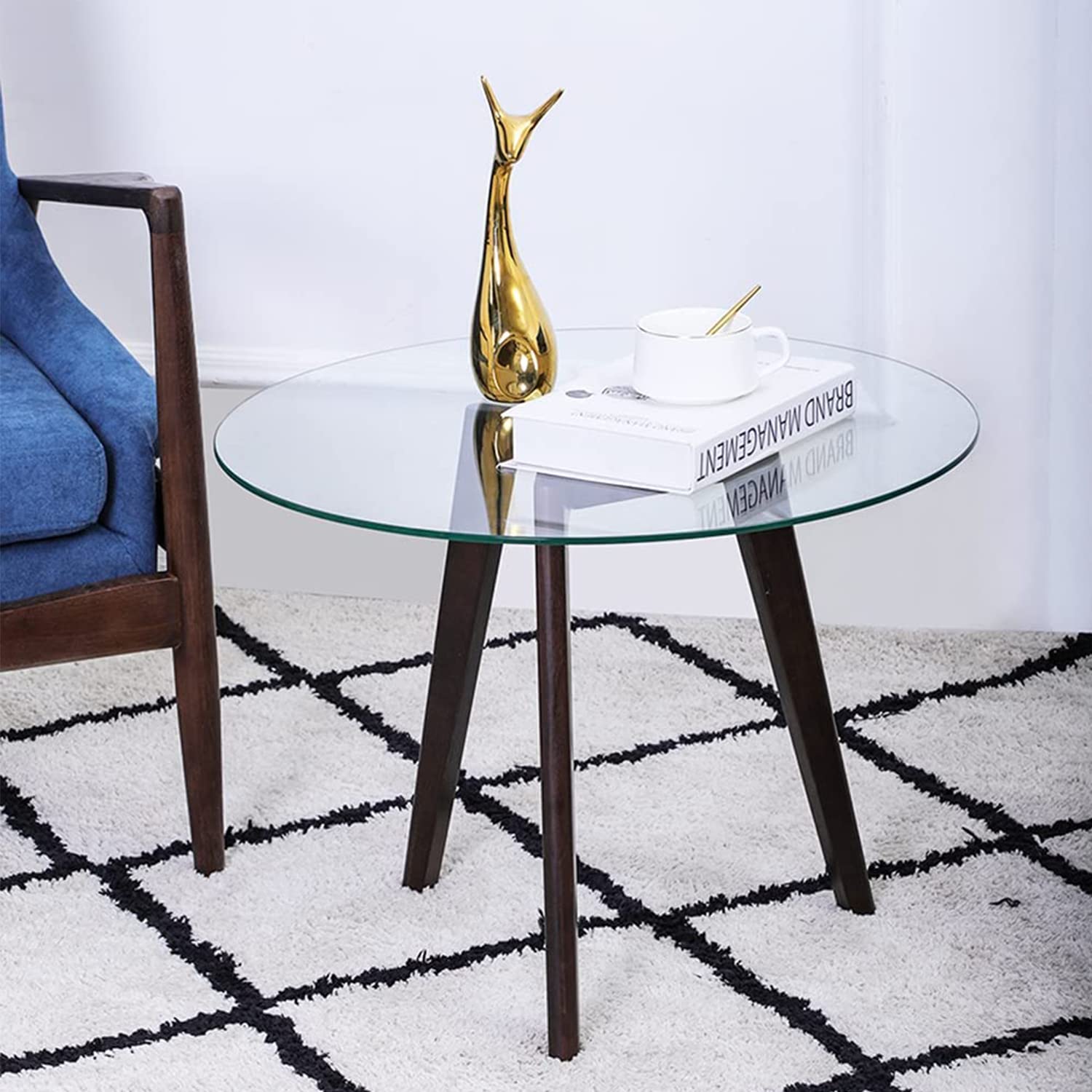Anzezhong Triskele End Table, Walnut Minimalist Round Coffee Table, Mid Century Side Table with Tempered Glass Top Walnut Wood Legs (Medium)
