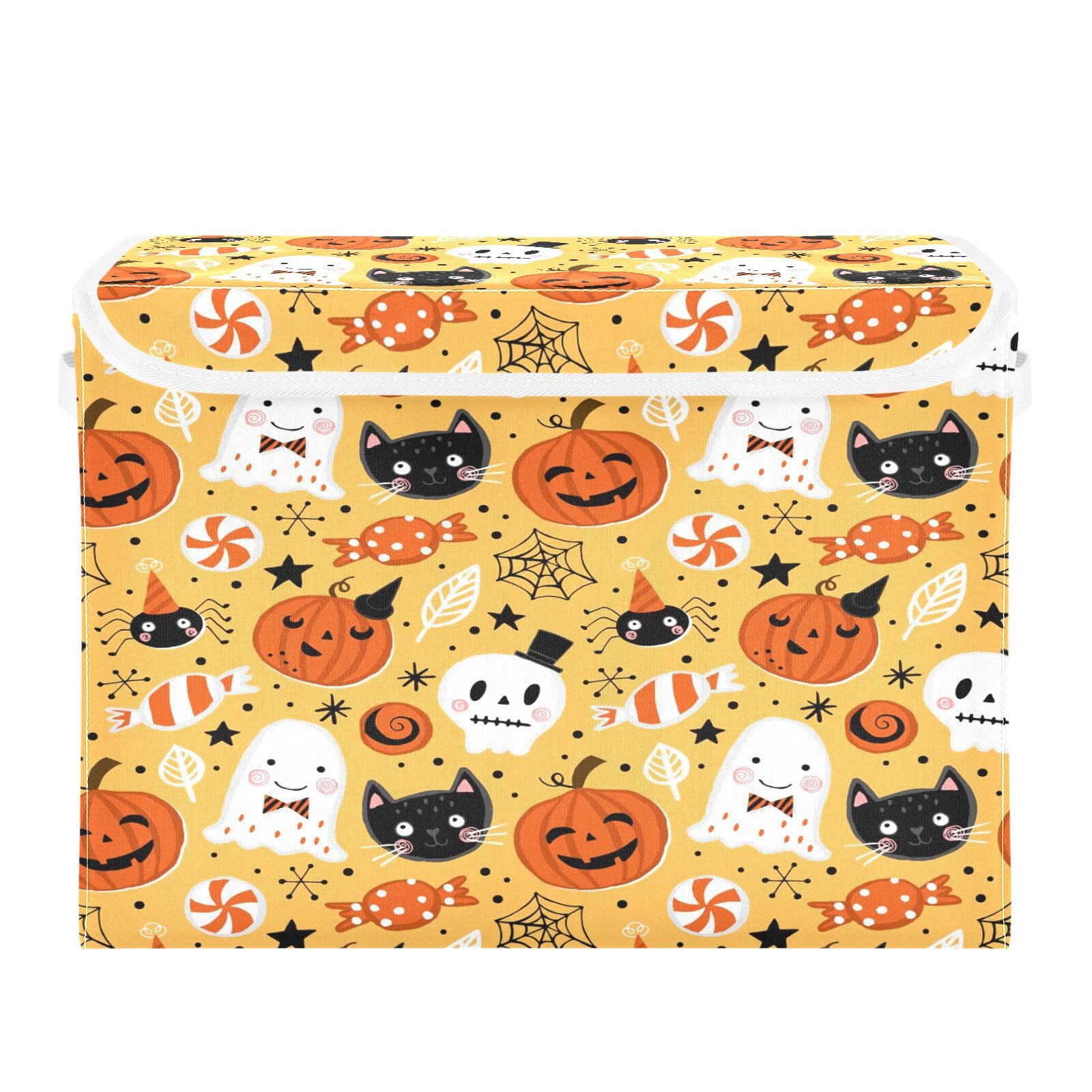 Large Collapsible Storage Bins with Lids, Halloween Pumpkin Ghost Storage Baskets Organizer Containers with Handles for Nursery Clothes Toys