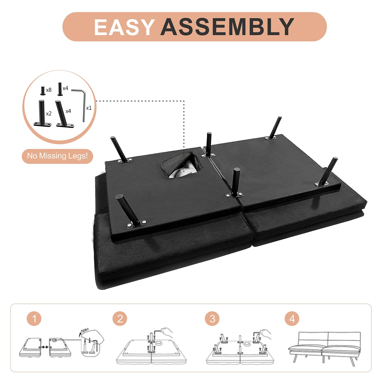 MUUEGM Futon Sofa Bed, Adjustable Futon Couch, Memory Foam Sofa, Modern Loveseat Sofa, Convertible Sofa Sleeper for Compact Space,Apartment, Living Room,Easy Assemble,Black