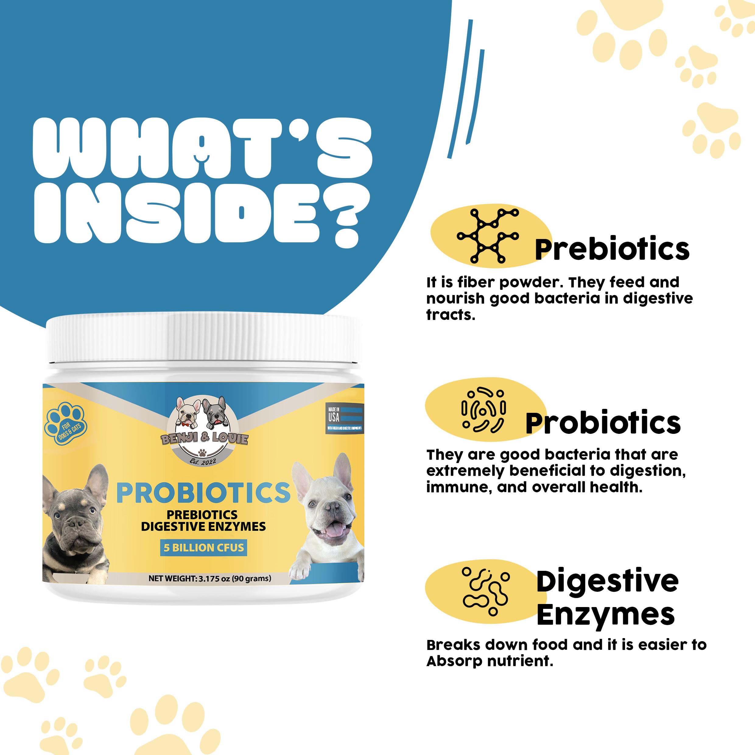 Dog Probiotics, Cat Probiotics, Probiotics for Dogs, Probiotics for Cat, 5 Billion CFUs + Prebiotics + Digestive Enzymes for Digestive Health & Immune Support, Skin & Coat, Dog Probiotic, 90 Grams