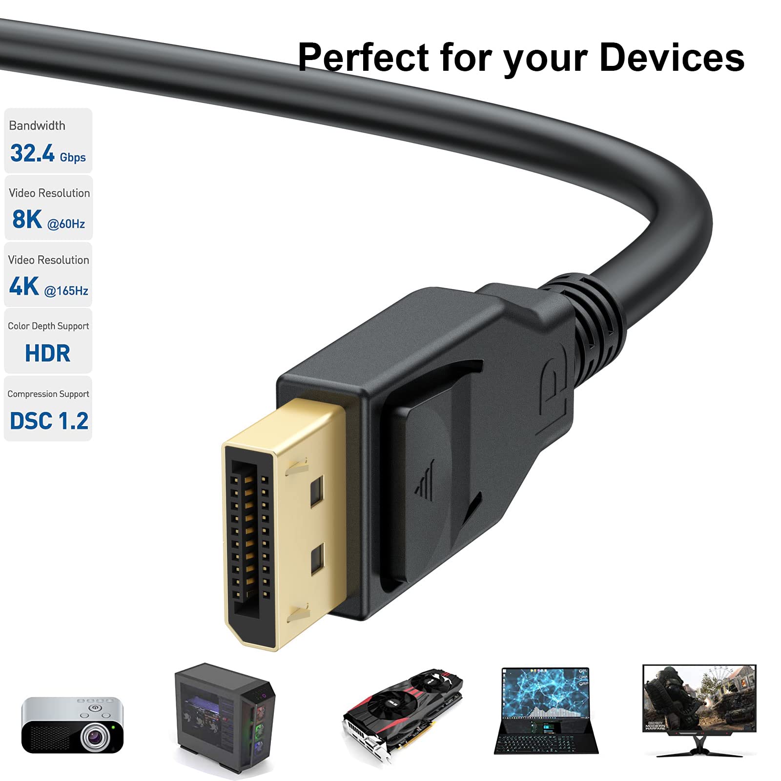 UVI2 8K DisplayPort to DisplayPort 1.4 Cable, VESA Certified Display Port Cable 6ft, DP to DP Cable Cord Support [1440P@144Hz, 1080P@240Hz, 4K@120Hz, 8K@60Hz] & HDR