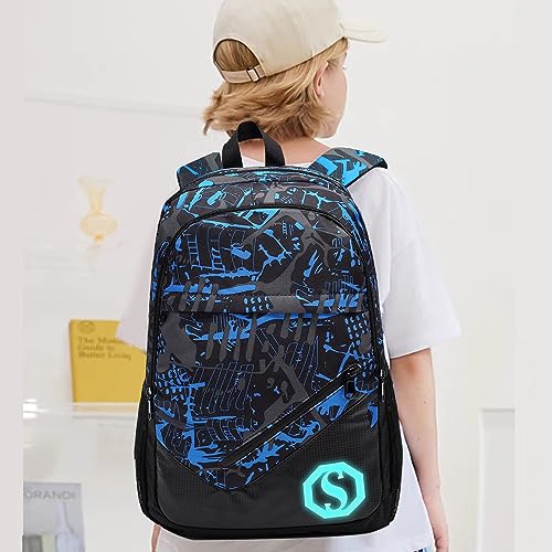Backpack for Kids Boys Elementary Bookbag 17 Inch Middle School Bag Primary Waterproof Rucksack for Teens Travel Fits Ages 6+ YO(Graffiti-Blue Black)