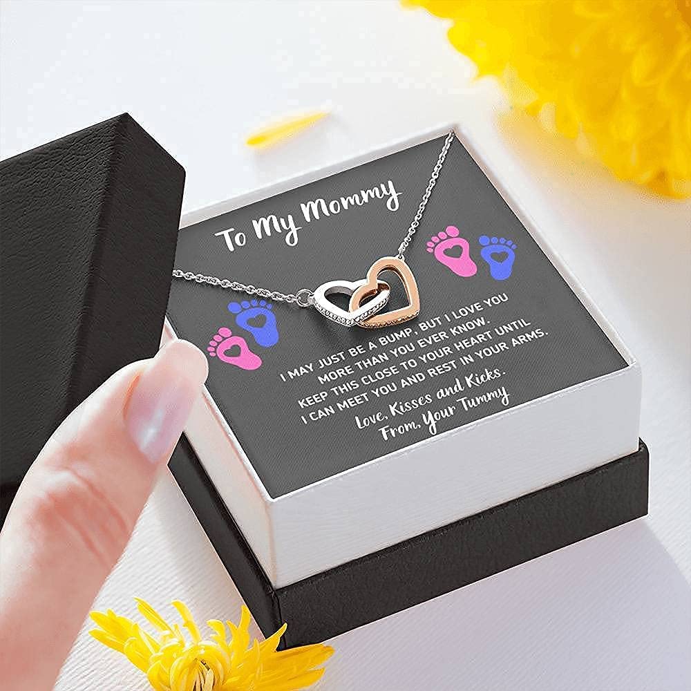 To My Mommy "Heart-Feet" Interlocking Hearts Necklace with Message Card and Gift Box. Baby Shower Present. Gift for Pregnant Mom