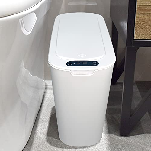Bathroom Trash Cans with Lids, Sapouni Automatic Motion Sensor Trash Can 3.4 Gallon Smart Touchless Garbage Can Slim Plastic Narrow Rubbish Can for Bathroom, Bedroom, Kitchen, Living Room, Office