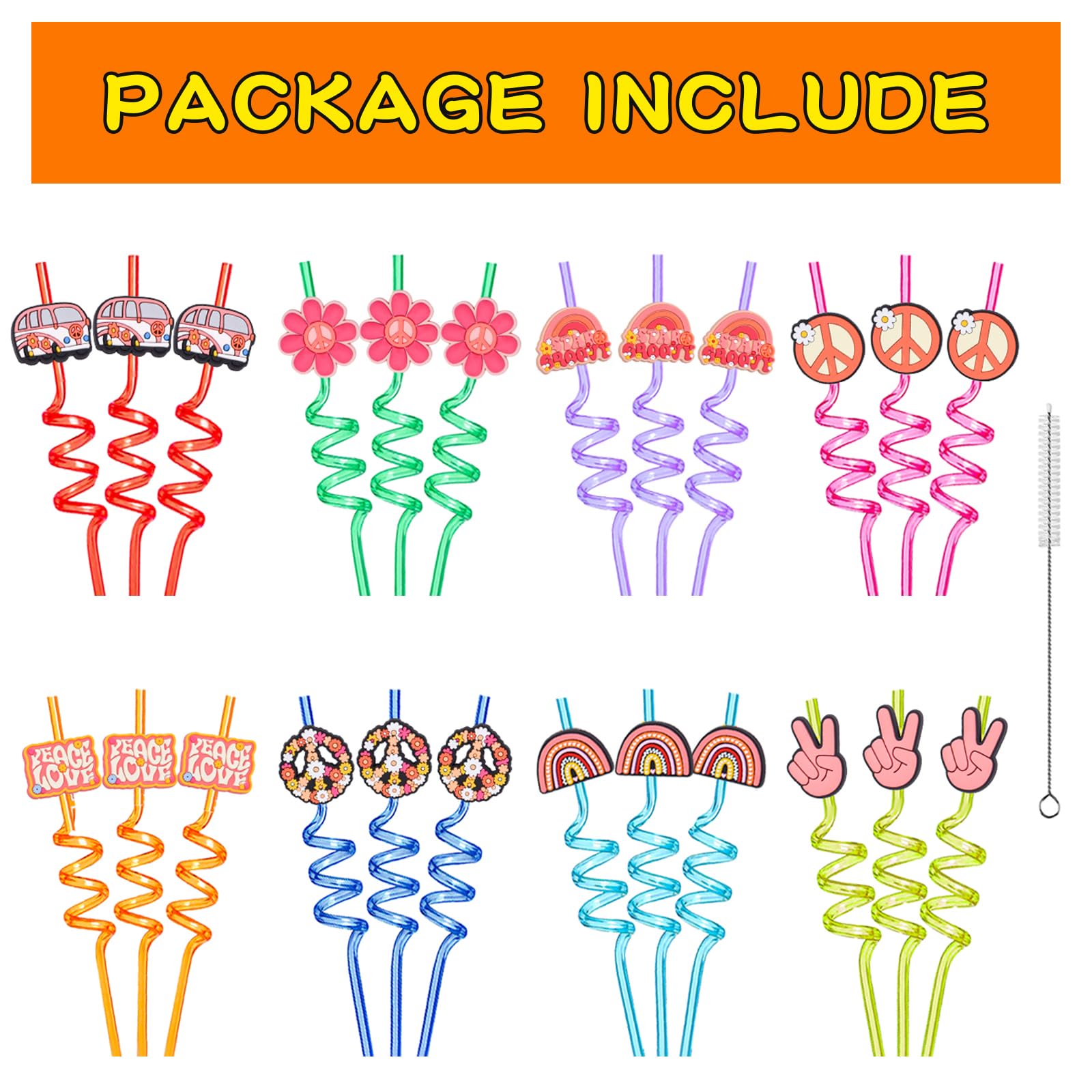 24 Pcs Hippie Boho Party Straws Two Groovy Reusable Plastic Drinking Straws with Cleaning Brush Peace Love 60's Rainbow Flower Birthday Supplies
