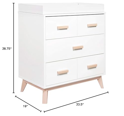 Babyletto Scoot 3-Drawer Changer Dresser with Removable Changing Tray in White and Washed Natural, Greenguard Gold Certified