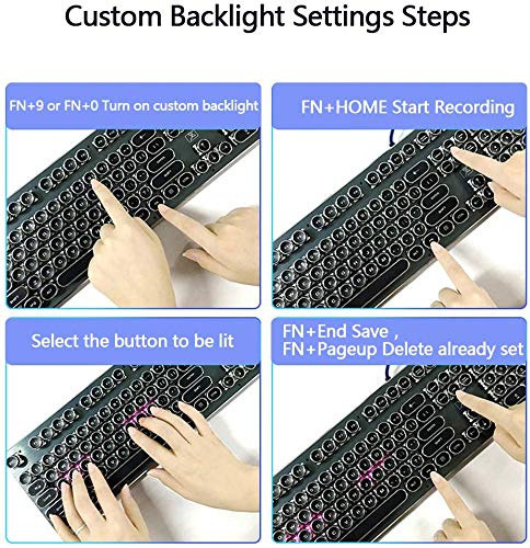 Mechanical Keyboard LED Backlit Retro USB Keyboard -Blue Switch - Retro Style and Round Keycaps -104 Keys Vintage Steampunk Gaming Multimedia Macro Program Keyboard (Black)