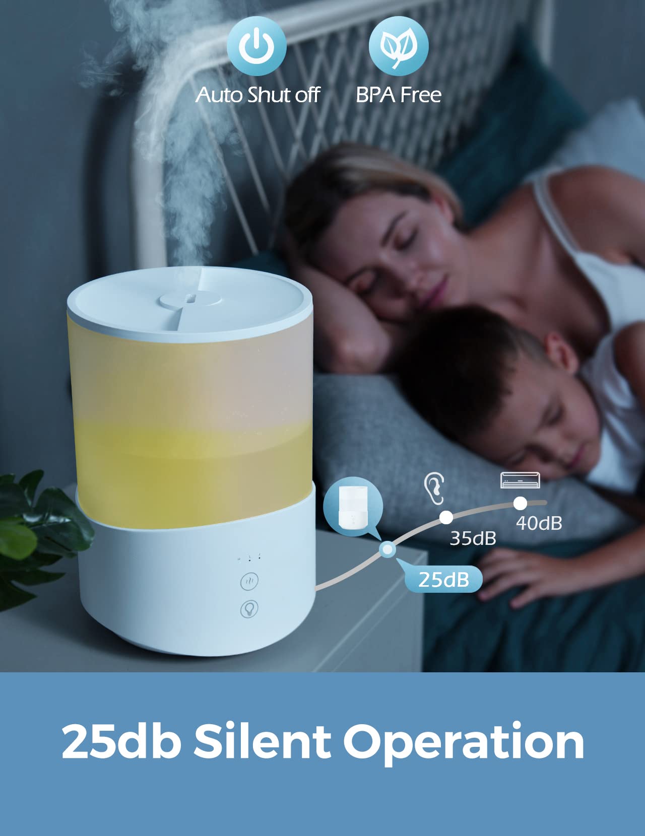 Cool Mist Humidifier, 2-in-1 Essential Oil Diffuser for Baby Kids Nursery, 2.5L Top Fill Humidifier with 7-Color Night Lights for Bedroom Office, Humidifier with Adjustable Mist Mode, Auto Shut Off