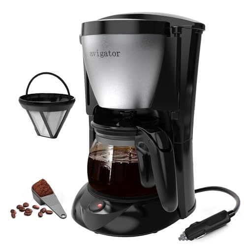 avigator 5-cup Car Coffee Maker with Car Charging Cigarette Lighter, 12V Travel Coffee Maker with Fast Heating, Glass Carafe, Compatible with Ground Coffee for Driving RV (Silver Black)