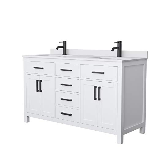 Beckett 60 Inch Double Bathroom Vanity in White, White Cultured Marble Countertop, Undermount Square Sinks, Matte Black Trim