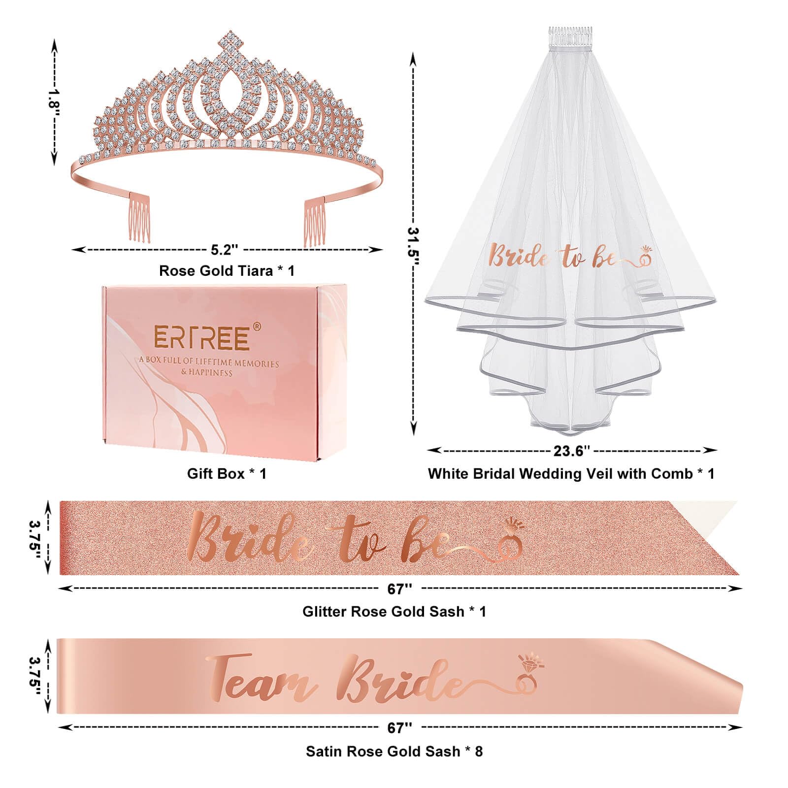 Bachelorette Party Decorations Kit, Bridal Shower Gift Supplies, Rose Gold Bride to Be Bachelorette Sash Veil Crown Tiara for Bride, Team Bride Tribe Sash for Bridesmaids