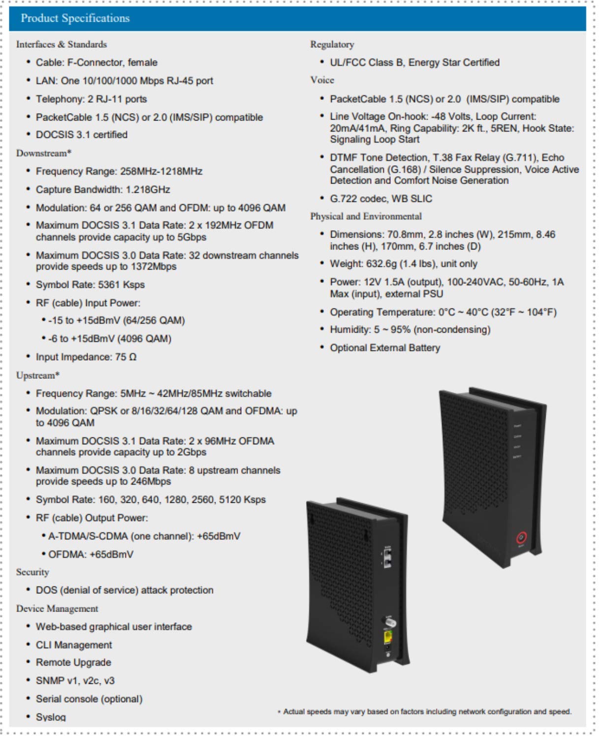 Hitron Docsis 3.1 Voice Internet Cable Modem (Does not have built in wireless) E31N2V1