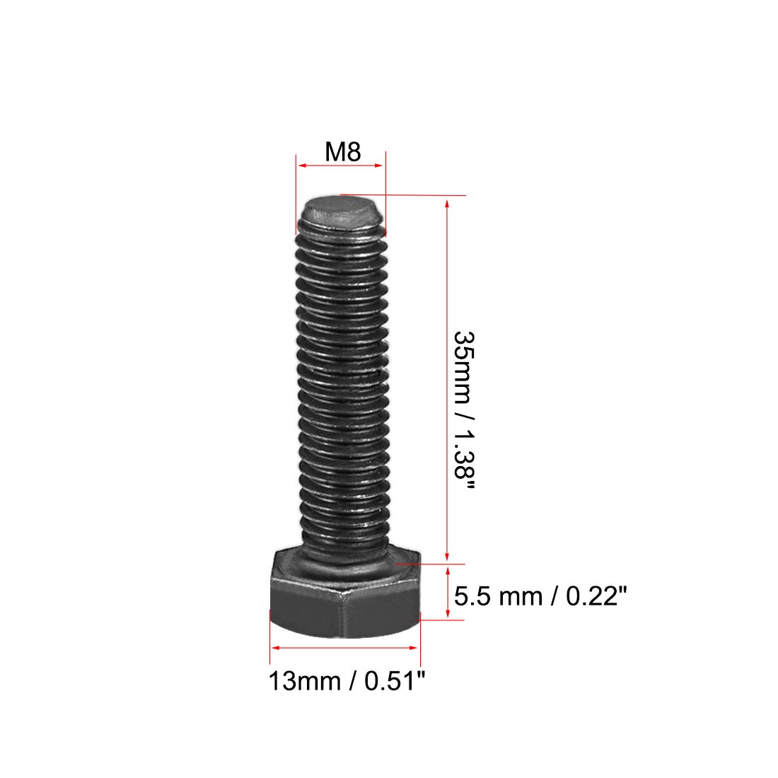 uxcell M8x35mm Hex Head Left Hand Screw Bolts Fastener Carbon Steel Black 2pcs