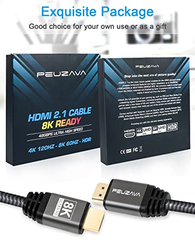 PEUZAVA 8K HDMI Cable 10ft, 48Gbps Ultra High Speed HDMI 2.1 Cord, 8K@60HZ 4K@120Hz eARC HDR10 HDCP 2.2&2.3 Dolby Compatible with PS5 PS4 Xbox Series X Switch Apple Samsung Sony LG Roku TV Blu-ray