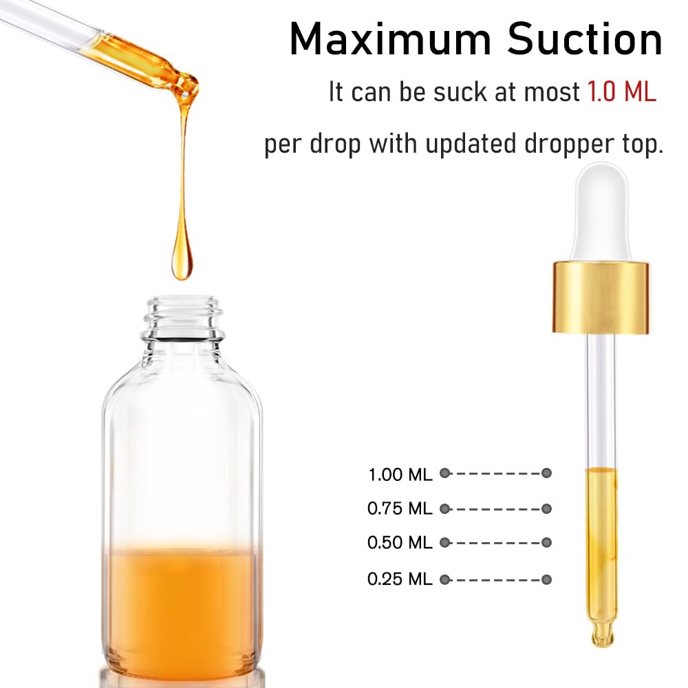 Bumobum 2 oz Dropper Bottle, 24 pack Clear Glass Eye Dropper Bottles with Golden Top Cap for Essential Oils, Tincture Bottle with Labels and Funnel