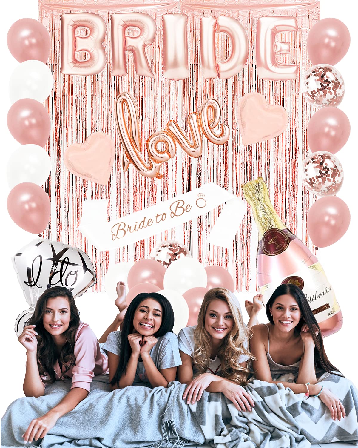 Bachelorettesy 28pc Bachelorette Party Decorations Kit for Bride to Be, Bridal Shower Decorations, Engagement Party – Balloons, Sash, Foil Backdrop Curtain (Rose Gold)