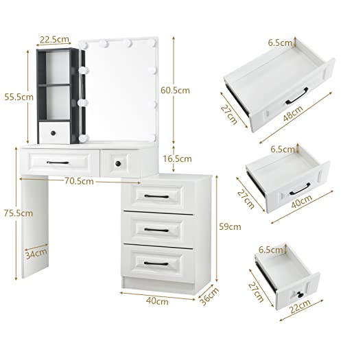 Abesthink Makeup Vanitv Table with Drawers,White Vanity with Mirror and Light Set,Vanity Desk with Drawers and Lights,Modern Vanity Table Desk with Shelves and Stool for Bedroom