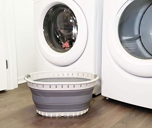 SAMMART 25L (6.6 gallon) Collapsible Plastic Laundry Basket - Foldable Pop Up Storage Container/Organizer - Portable Shopping Basket - Space Saving Hamper (Oval set of 2, Dark Grey)