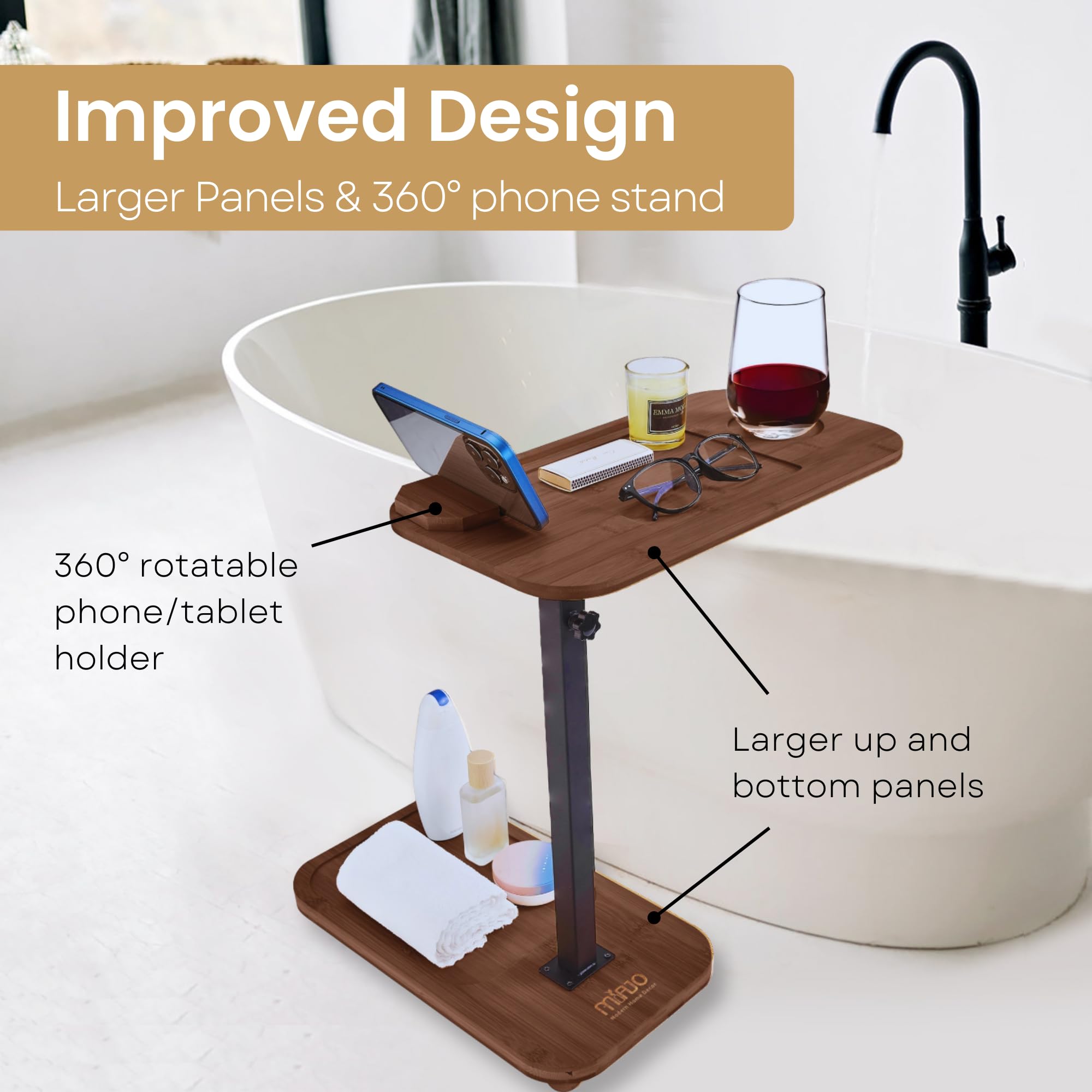 MIAJO Couch Side Table Small, Swivel TV Tray Table & 360° Rotating Phone Holder, Couch Arm Tray Tables, Small Side Table for Small Spaces, C Shaped End Table Couch Tables That Slide Under (Brown)