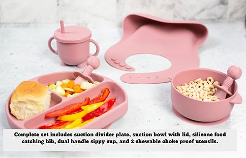 BabyBeesKnees Baby led weaning supplies-complete starter set-Silicone feeding set-suction bowl space saving suction plate self feeding spoons-easy to use solid food eating set 6+months (Dusty Rose)