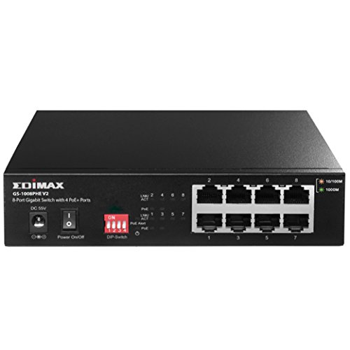 Edimax GS-1008PHE V2 Long Range 8 Port Gigabit Switch with 4 PoE+ Ports, Supports Long Range Up to 200M, Port-Base VLAN, QoS, Auto-detect PD, Total 60W with External Power Adapter