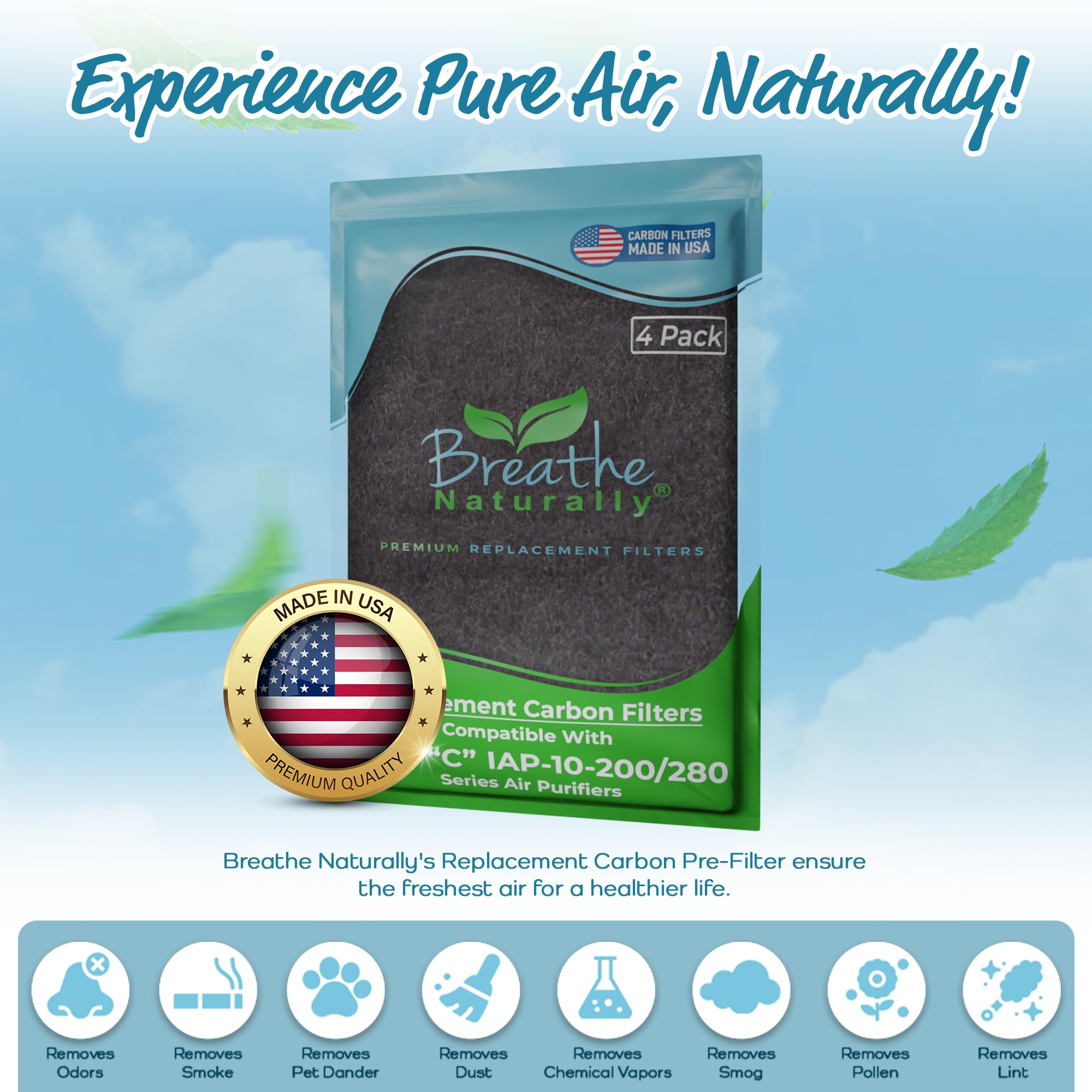 Breathe Naturally - Extra Thick Replacement Carbon Pre-Filters Compatible with Idylis "C" IAP-10-200 Series - Premium Air Purification - Ideal for Home & Office Use - (4 pack, Carbon Filters)