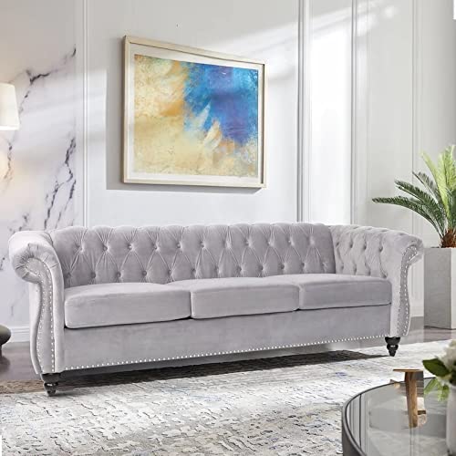 NOSGA Modern Contemporary Sofa Couch with Deep Button Tufting Dutch Velvet, Solid Wood Frame and Wood Legs (Gray)