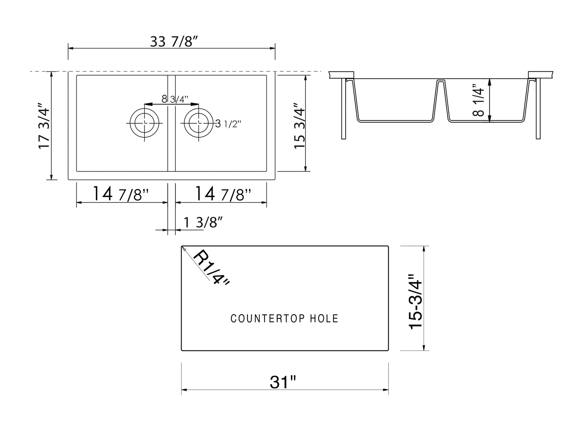 ALFI brand AB3420UM-W Undercount Double Bowl Granite Composite Kitchen Sink, 34", White