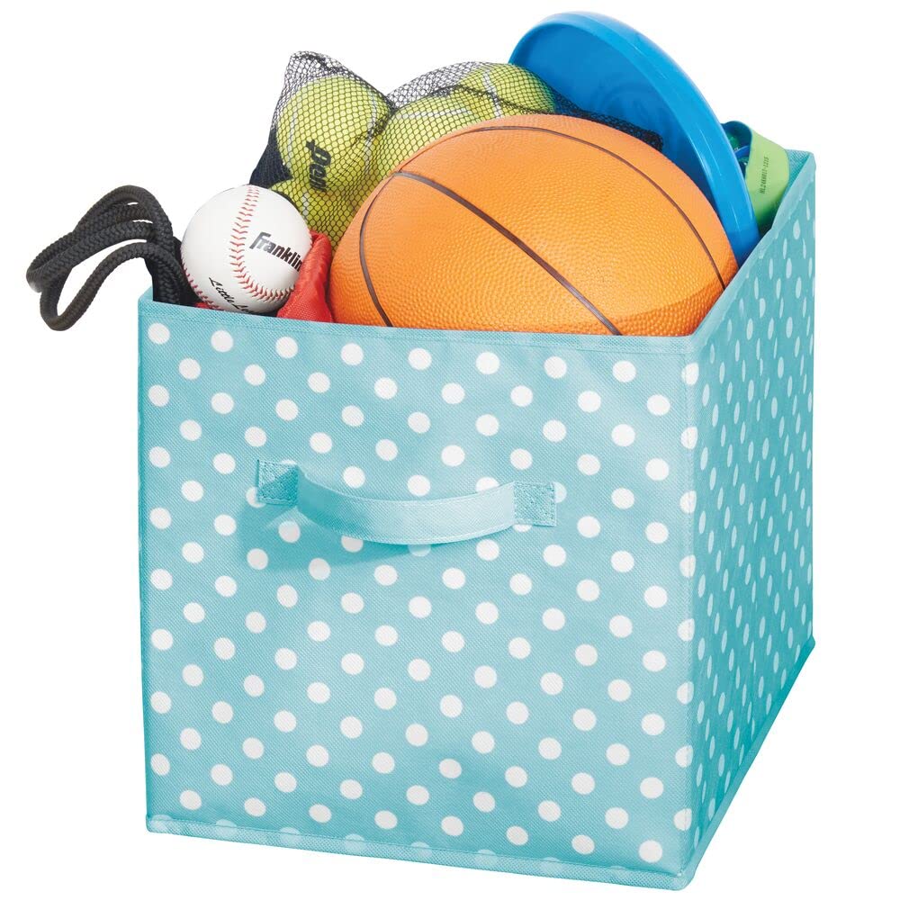 mDesign Soft Fabric Closet Storage Organizer Cube Bin Box, Handle - Storage for Baby Child/Kids Room, Nursery, Toy Room, Furniture Units, Shelf, 4 Pack - Turquoise/White Polka Dots