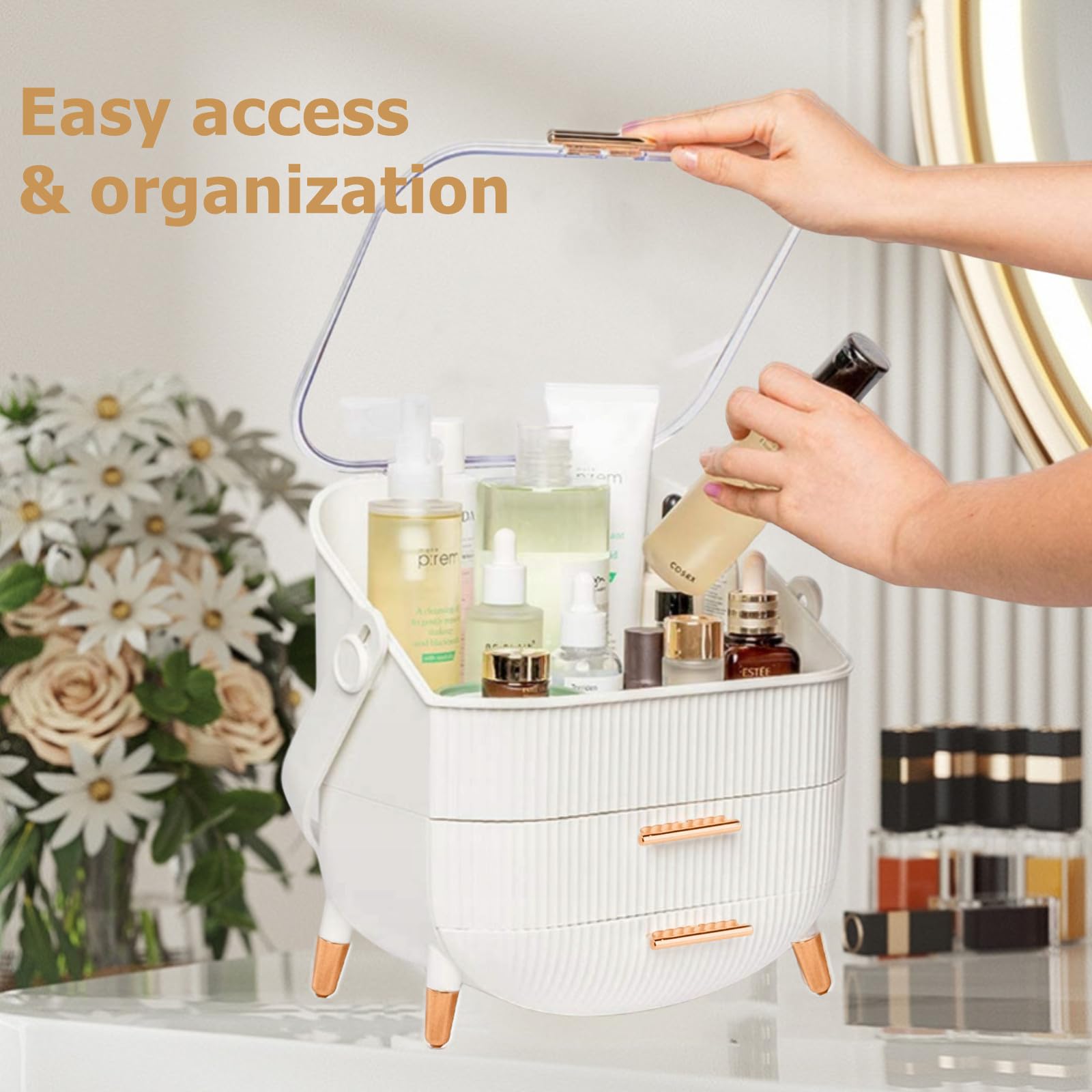 ZOOFOX 3 Pack Makeup Organizer, Cosmetics Storage Display Case with Lipstick and Makeup Brush Organizer, Portable Handle Skincare Holder for Bathroom Countertop, Dresser