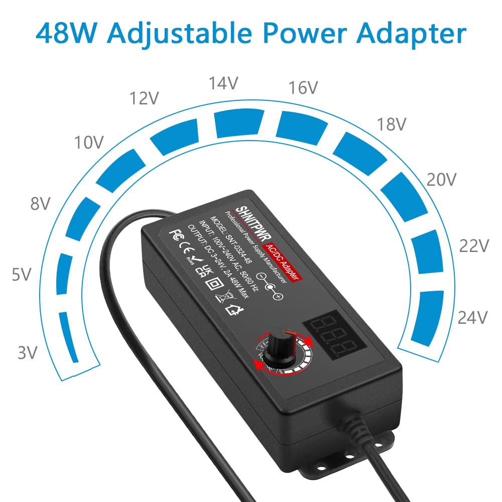 SHNITPWR Universal AC to DC Adapter 3V ~ 24V 2A 48W Switching Power Supply 3V 5V 6V 9V 12V 15V 18V 19V 20V 24V 1A 1.5A 2 Amps Adjustable AC/DC Converter Transformer with 14 Tips & Polarity Converter