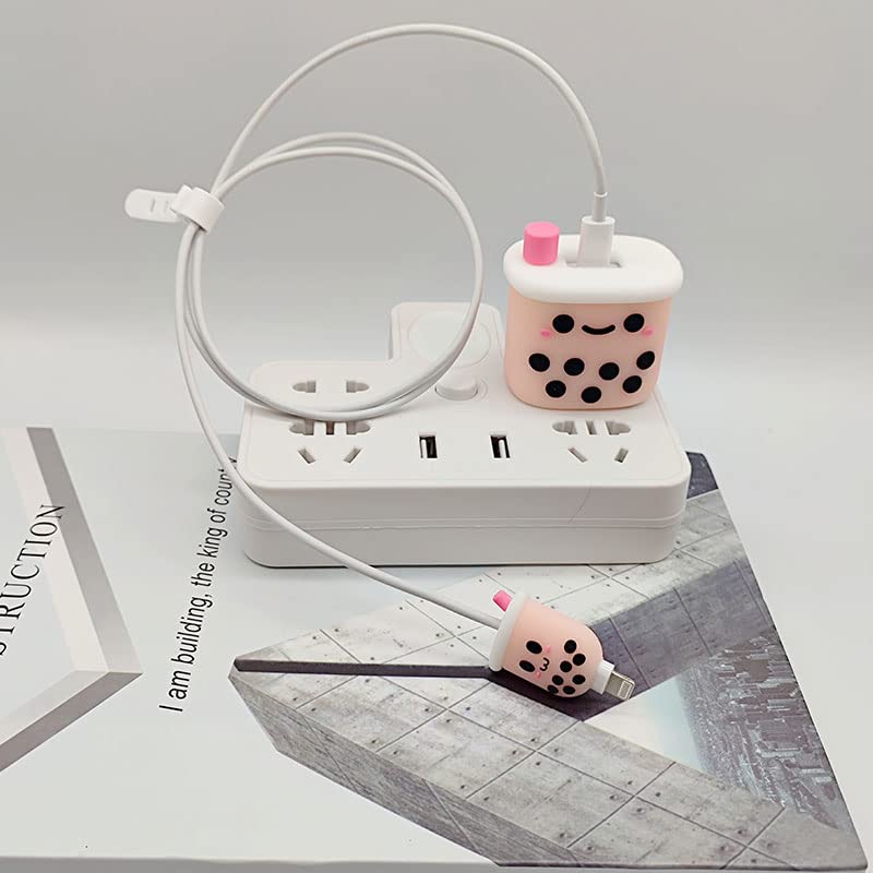 3D Protective Case for iPhone 20W USB-C Power Adapter Charger USB Lightning Cable, Cute Cartoon Series Soft Silicone Fast Lightning Chargers Cable Protective Cover for iPhone Charger (Boba Milk Tea)