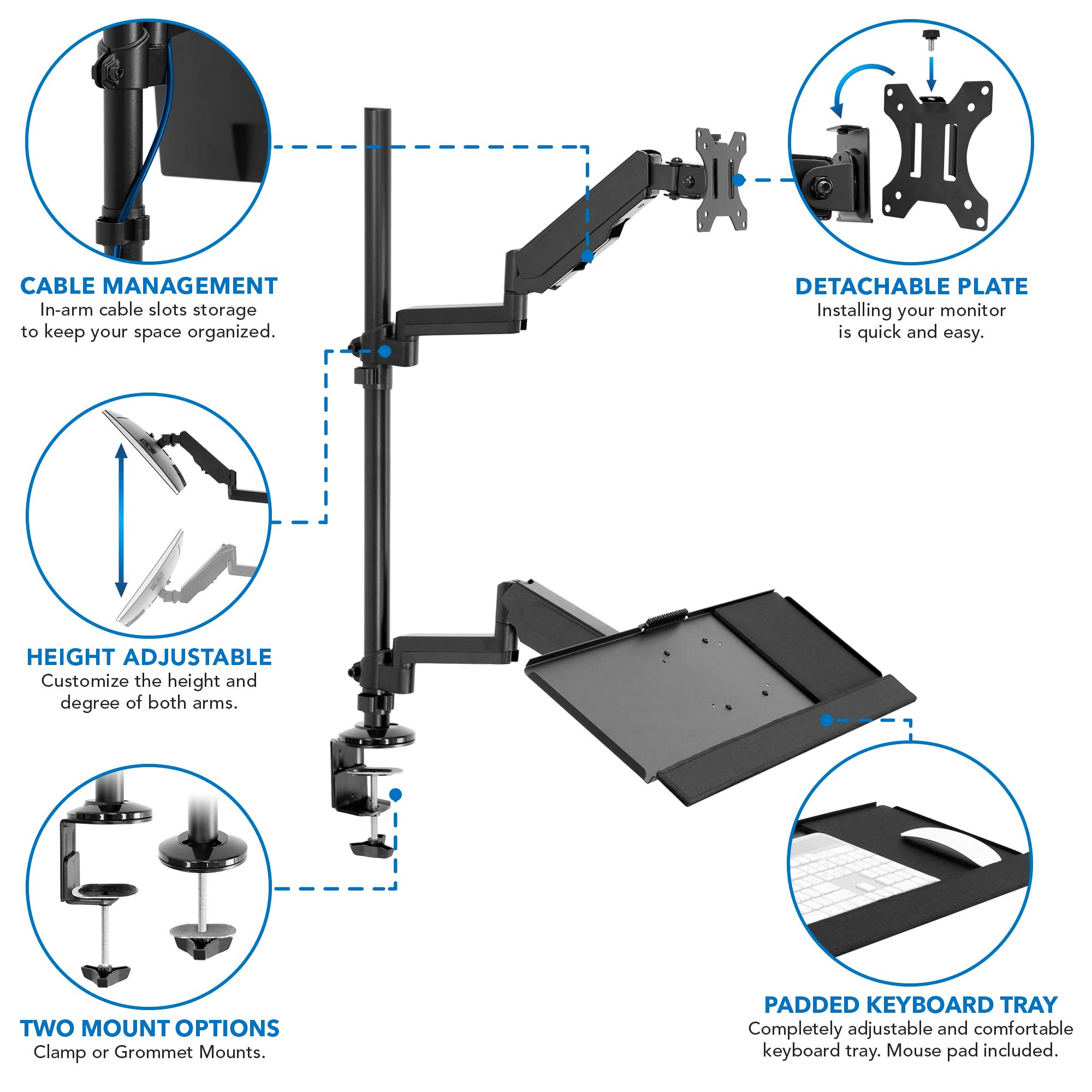 MOUNT-IT! Sit Stand Monitor Desk Mount [Fits 32" Screens] Height Adjustable, Full-Motion Articulating Arm with Keyboard Tray and Cable Management (Black)